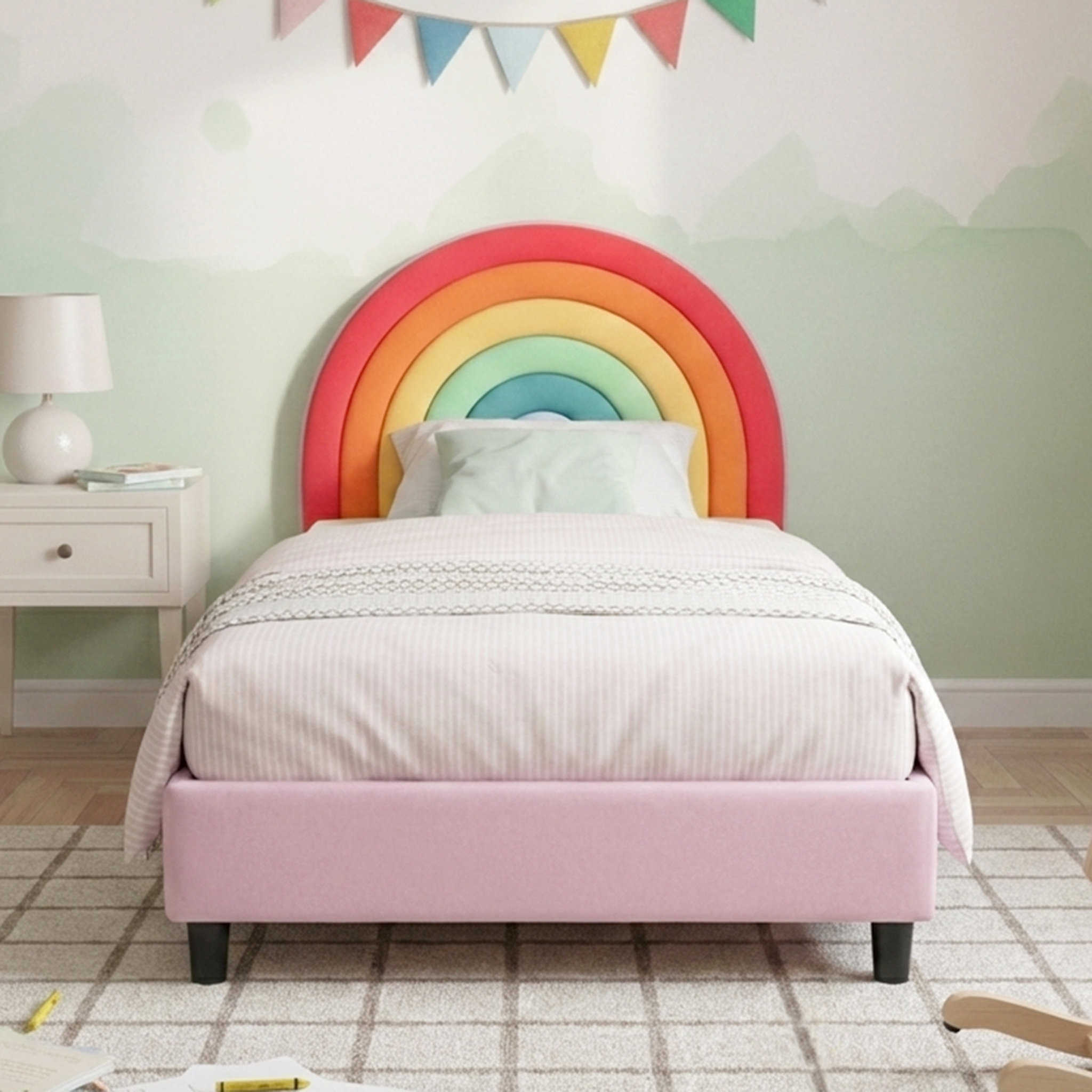 Latitude Run® Upholstered Bed Frame With Rainbow Design Headboard ...
