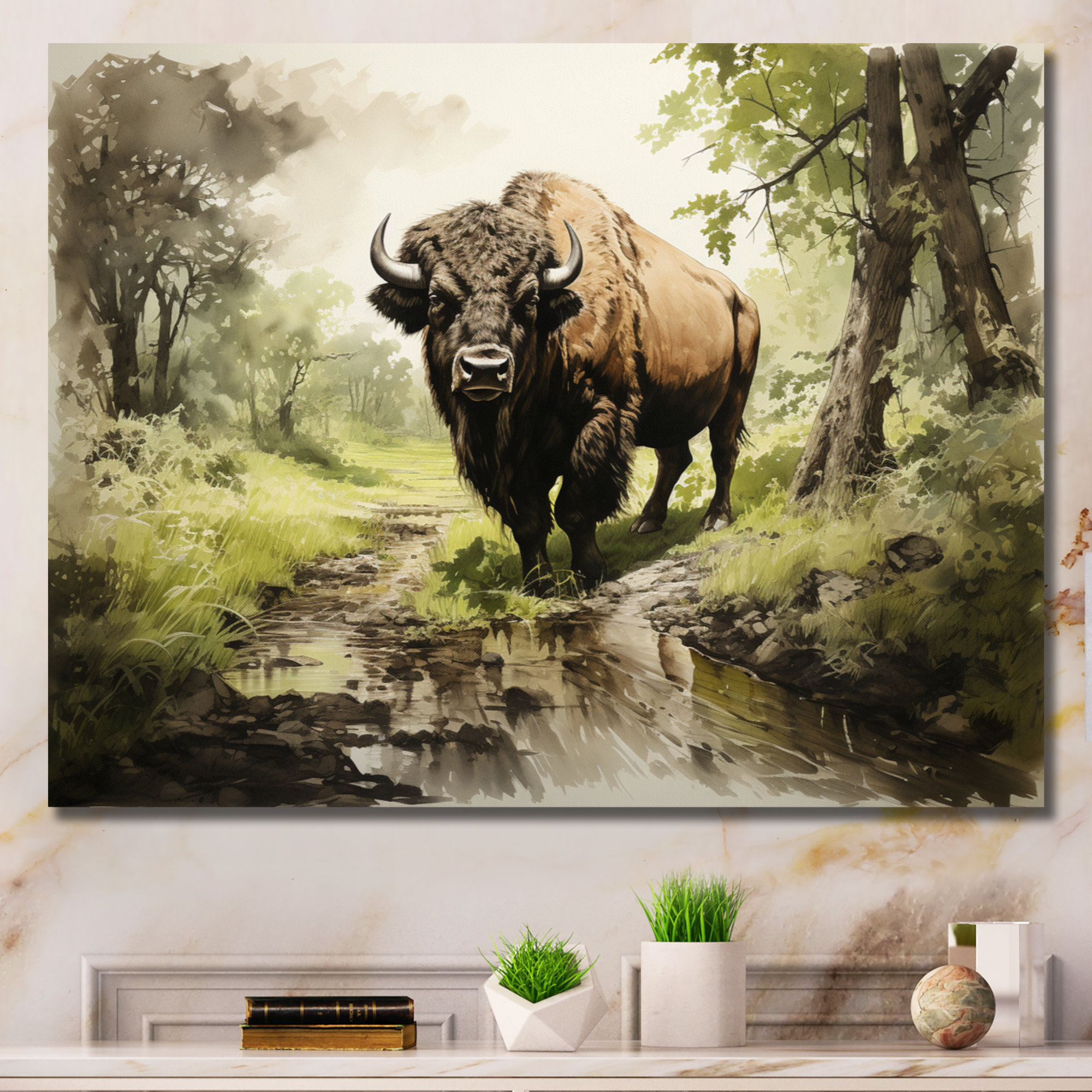 Union Rustic Brown Green Buffalo Shadows of Serenity - Wrapped Canvas ...