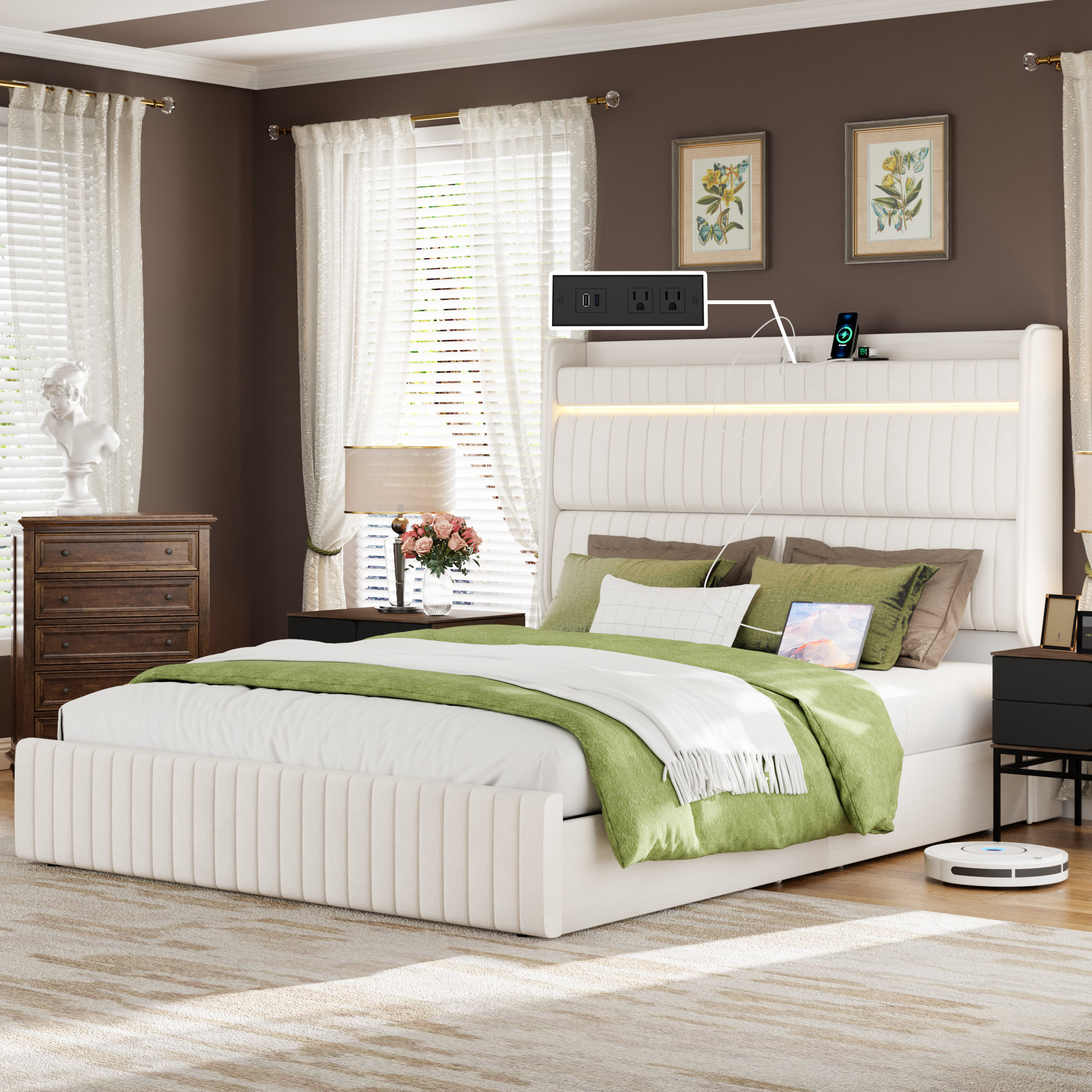 Ivy Bronx Elegant And Stable Bed Frame With Beige Bandaged Headboard ...