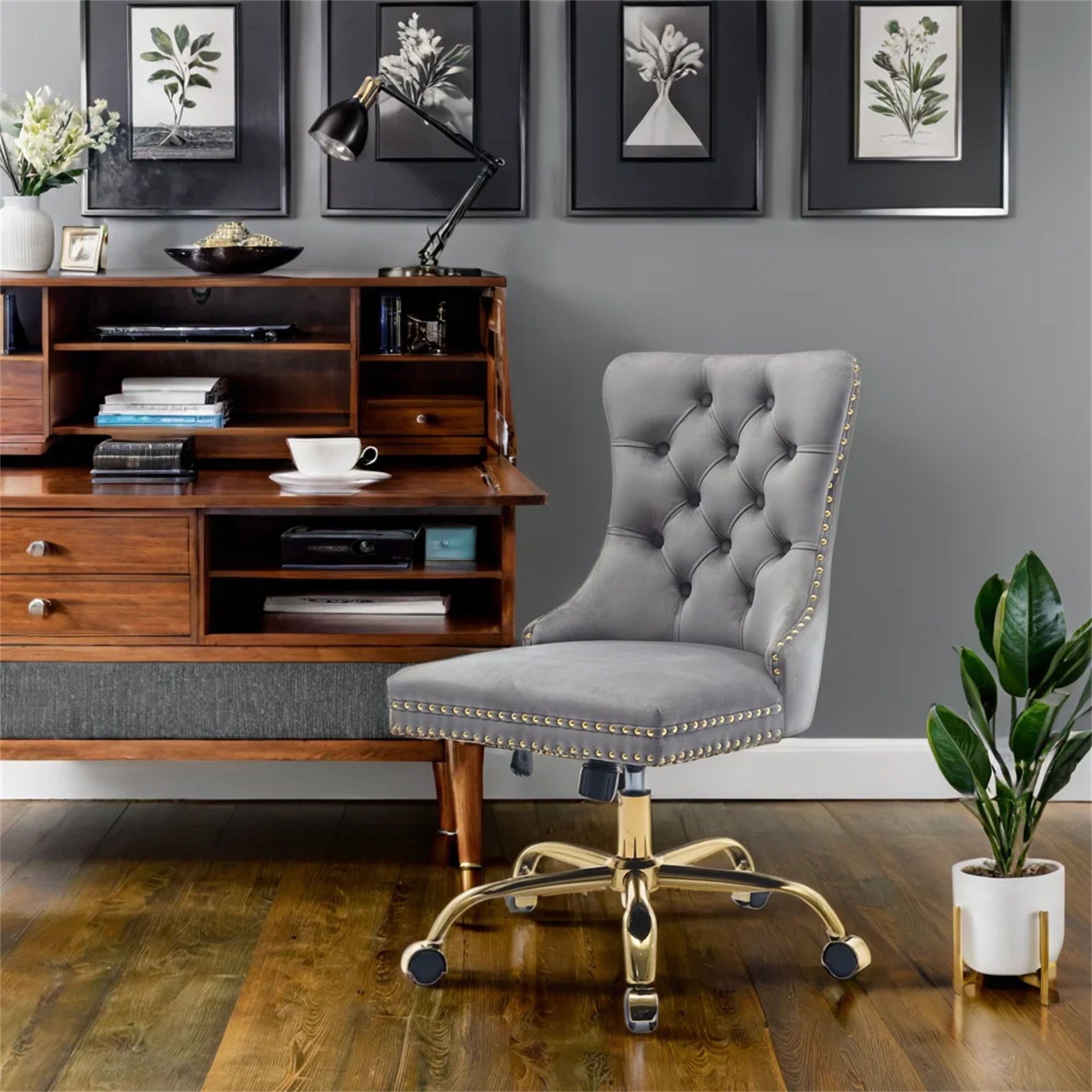 House of Hampton® Modern Velvet Sofa Tufted Button Home Office Chair With Gold Metal Base ...