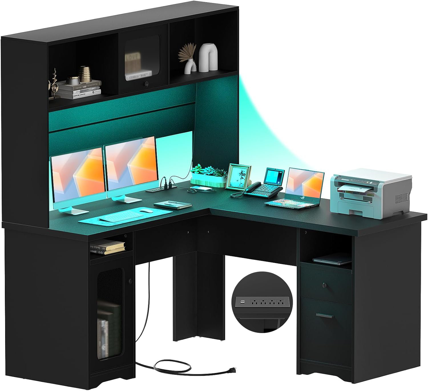 Wrought Studio™ Vello L-Shaped Executive Desk with Drawer, Hutch, Power ...