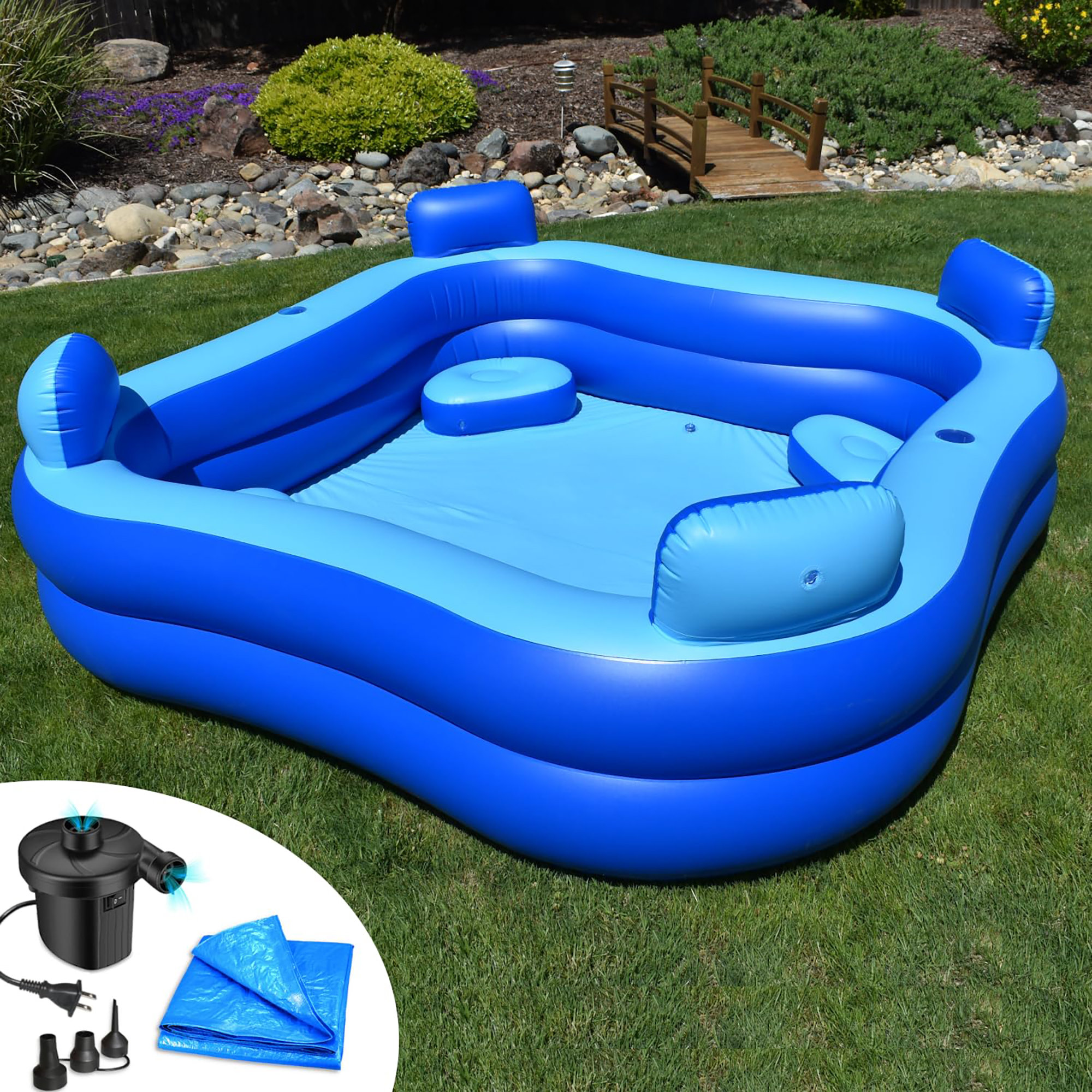 KIBNOF Inflatable Pool with Seats and Headrests 8' x 8' - Bundle ...