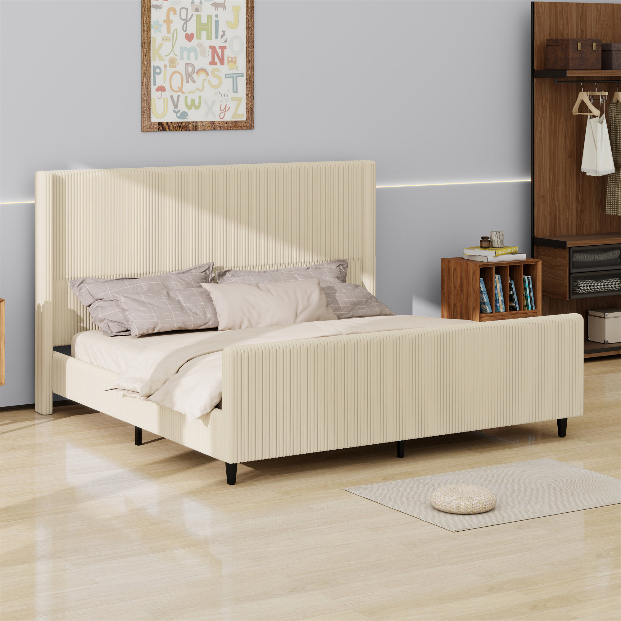 Mercer41 Upholstered Bed Frame With Vertical Stripe Wingback, With High ...