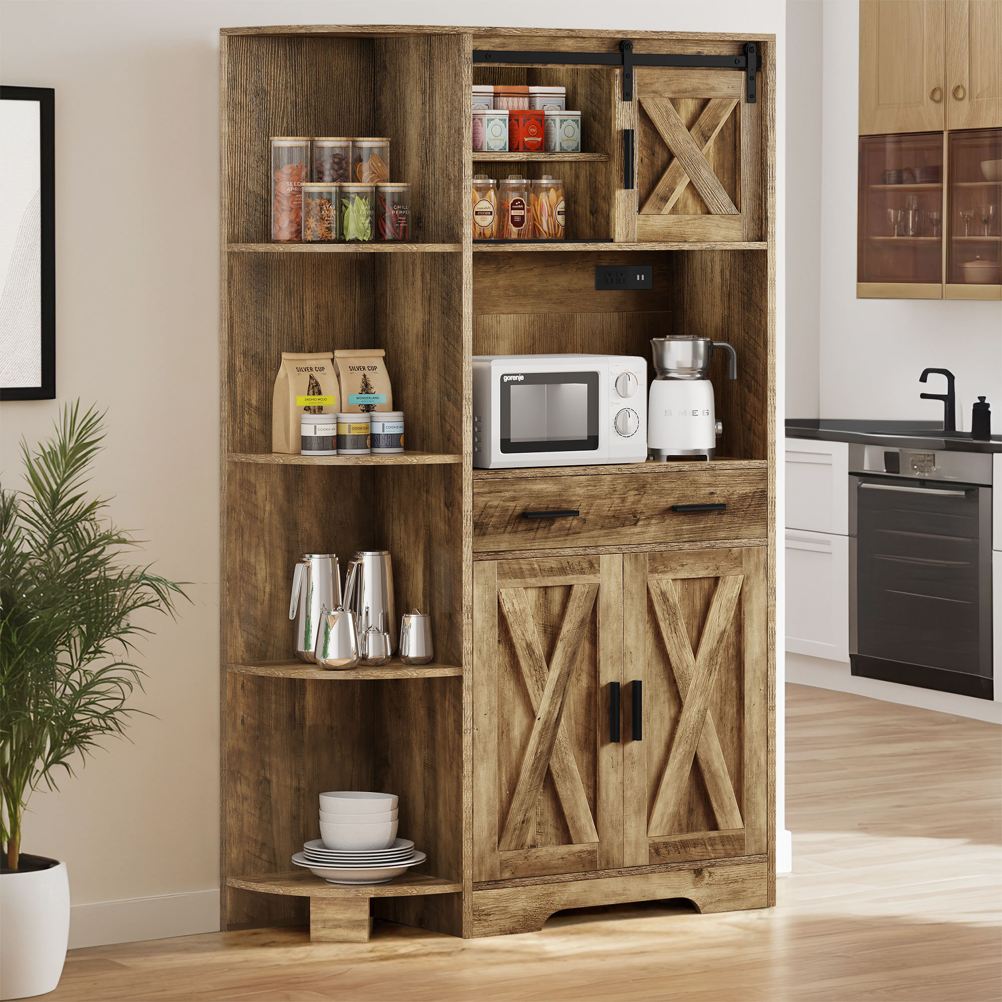 Gracie Oaks 67'' Farmhouse Kitchen Pantry Storage Cabinet With Sliding ...