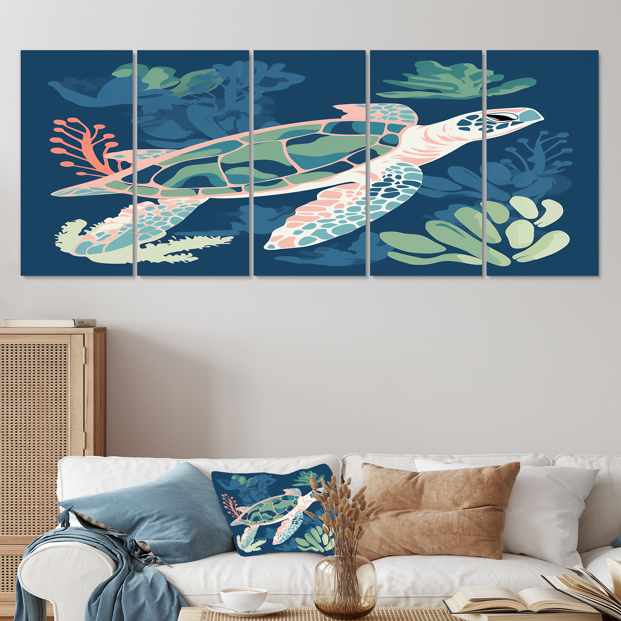 Design Art Deep Sea Turtle Swimming Retro Illustration - Turtle Animal ...