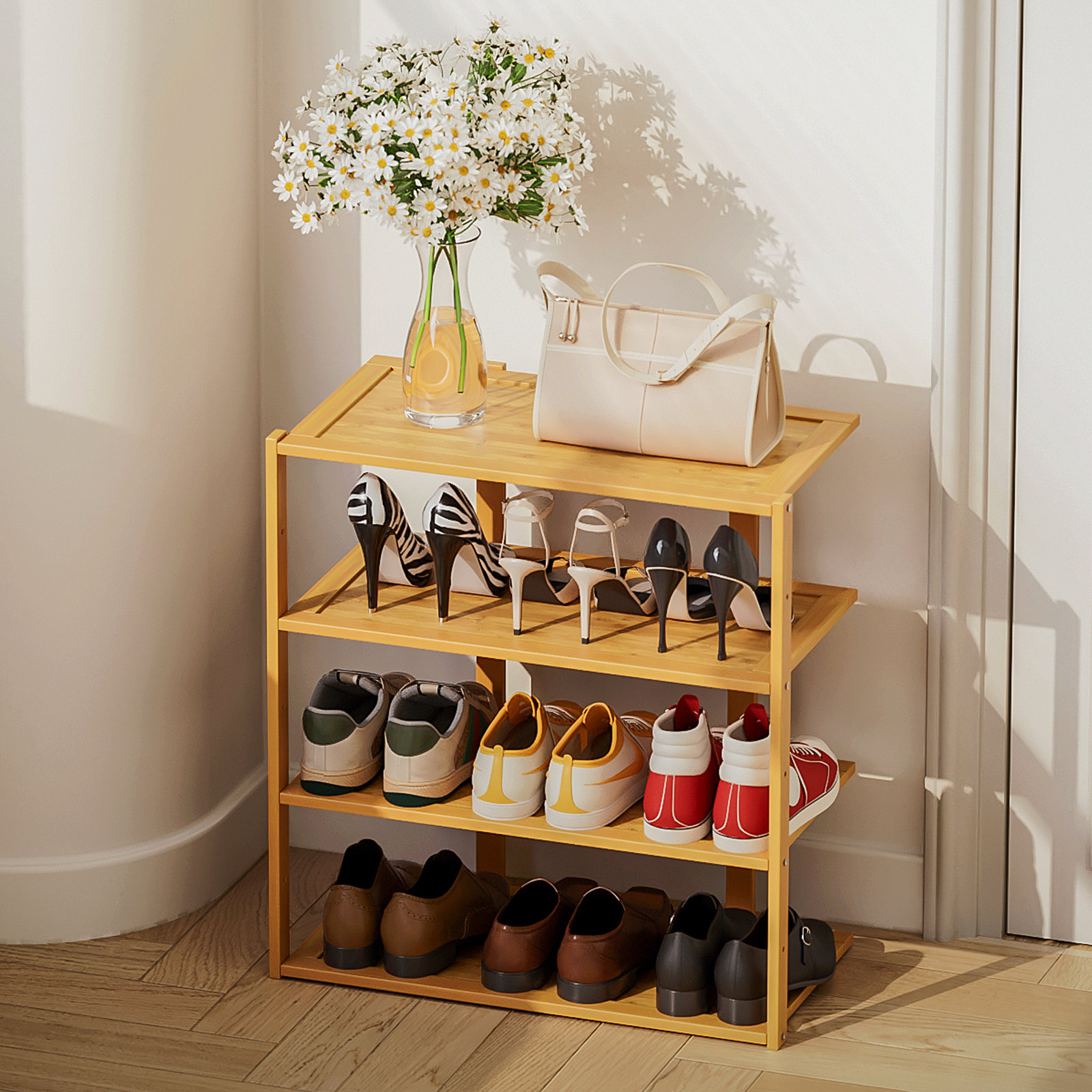 MoNiBloom 4-Tier Corner Shoe Rack, Bamboo Narrow Shoes Display Shelf ...