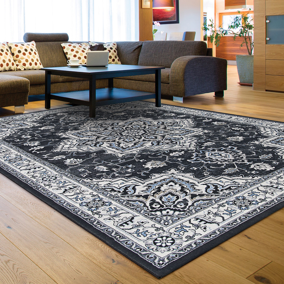 Canora Grey Ames Oriental Floral Charcoal Grey Performance Area Rug ...