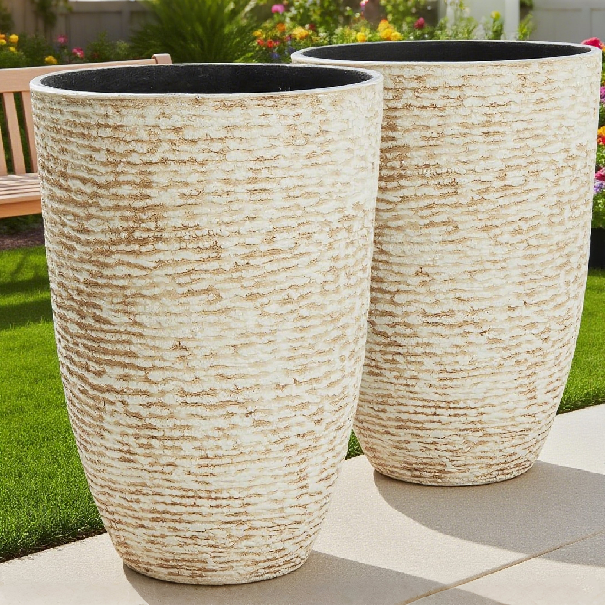 Hokku Designs Set Of 2 Beige Tall Pot Planters - 9 Gallon Stone Finish ...