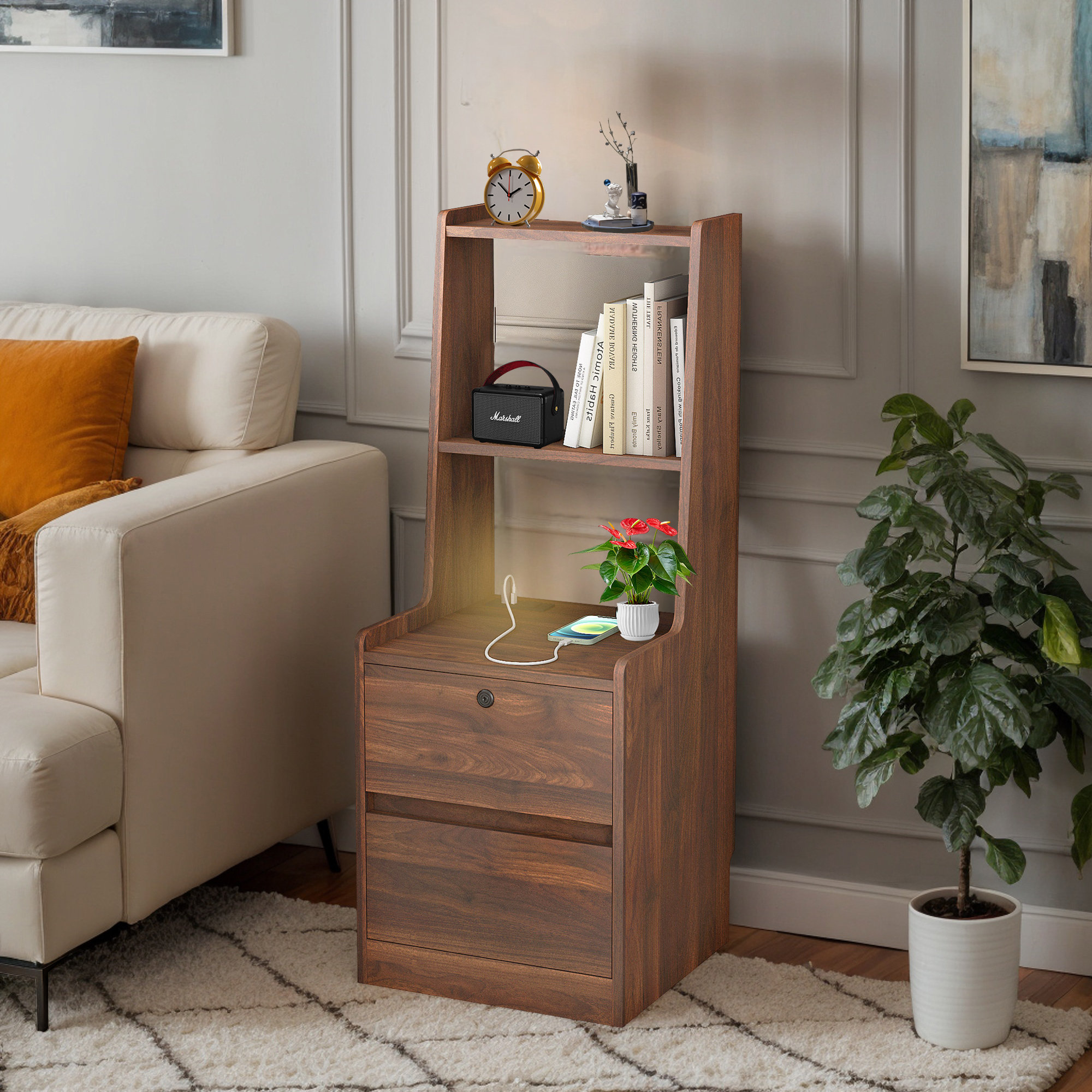 Ebern Designs Tall Nightstand With 2 Tier Storage Bookshelves And ...