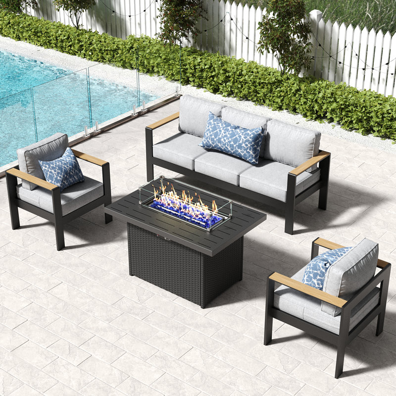 Latitude Run® Outdoor Aluminum Furniture Set with Fire Pit Table ...