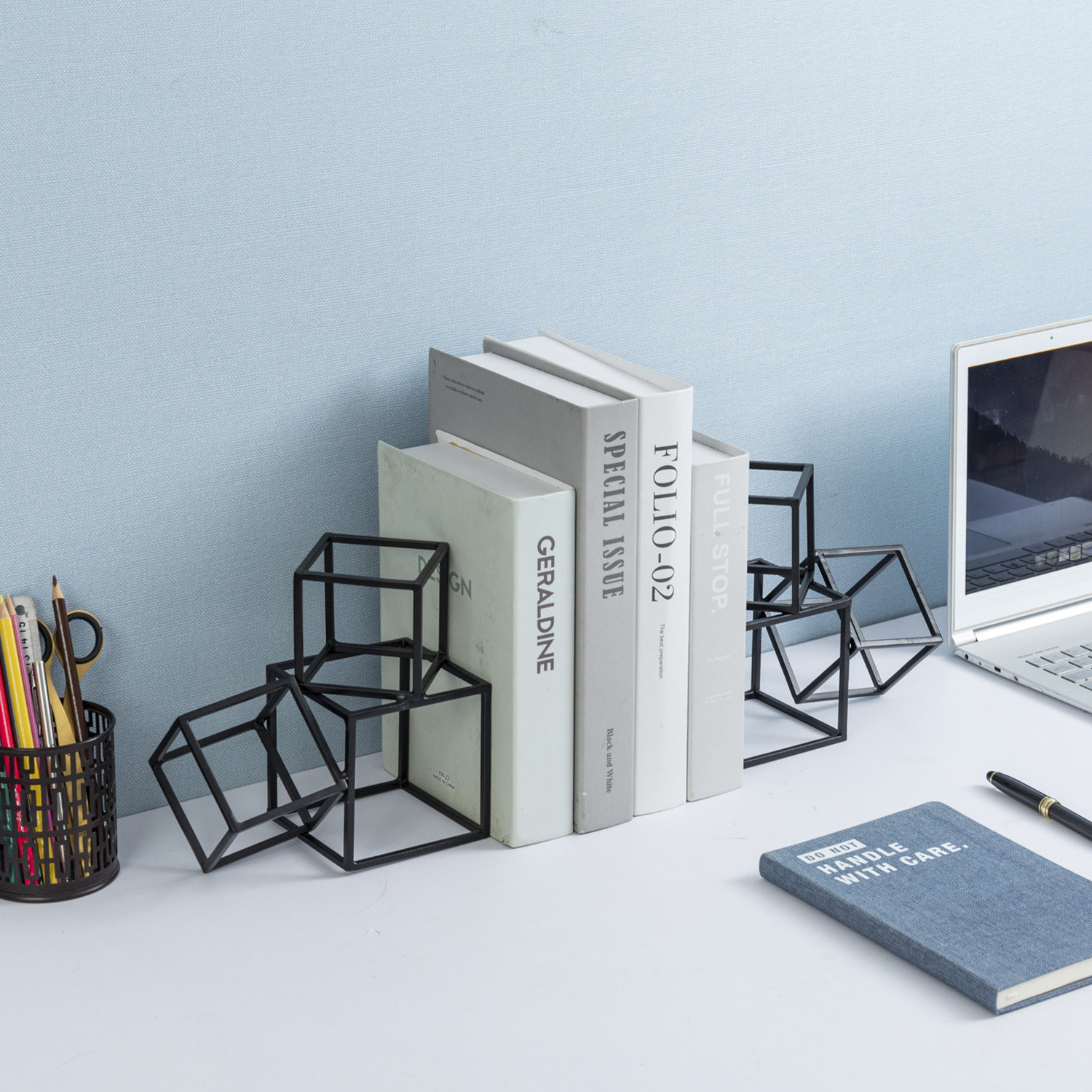 Wrought Studio™ Decorative Geometric Black Metal Book Ends | Wayfair