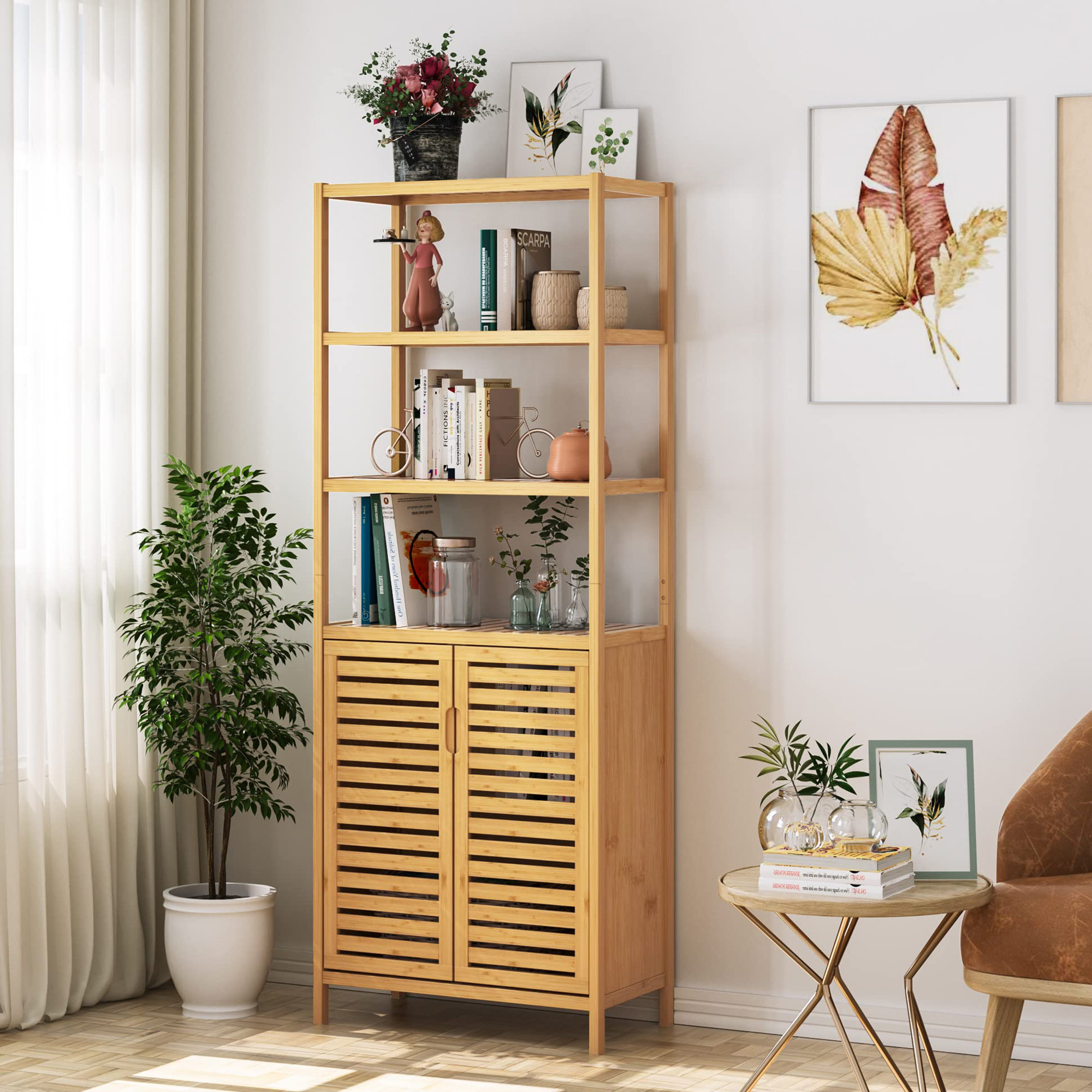 Hokku Designs Bamboo Storage Cabinet with 2 Doors and 3 Tier Shelves ...