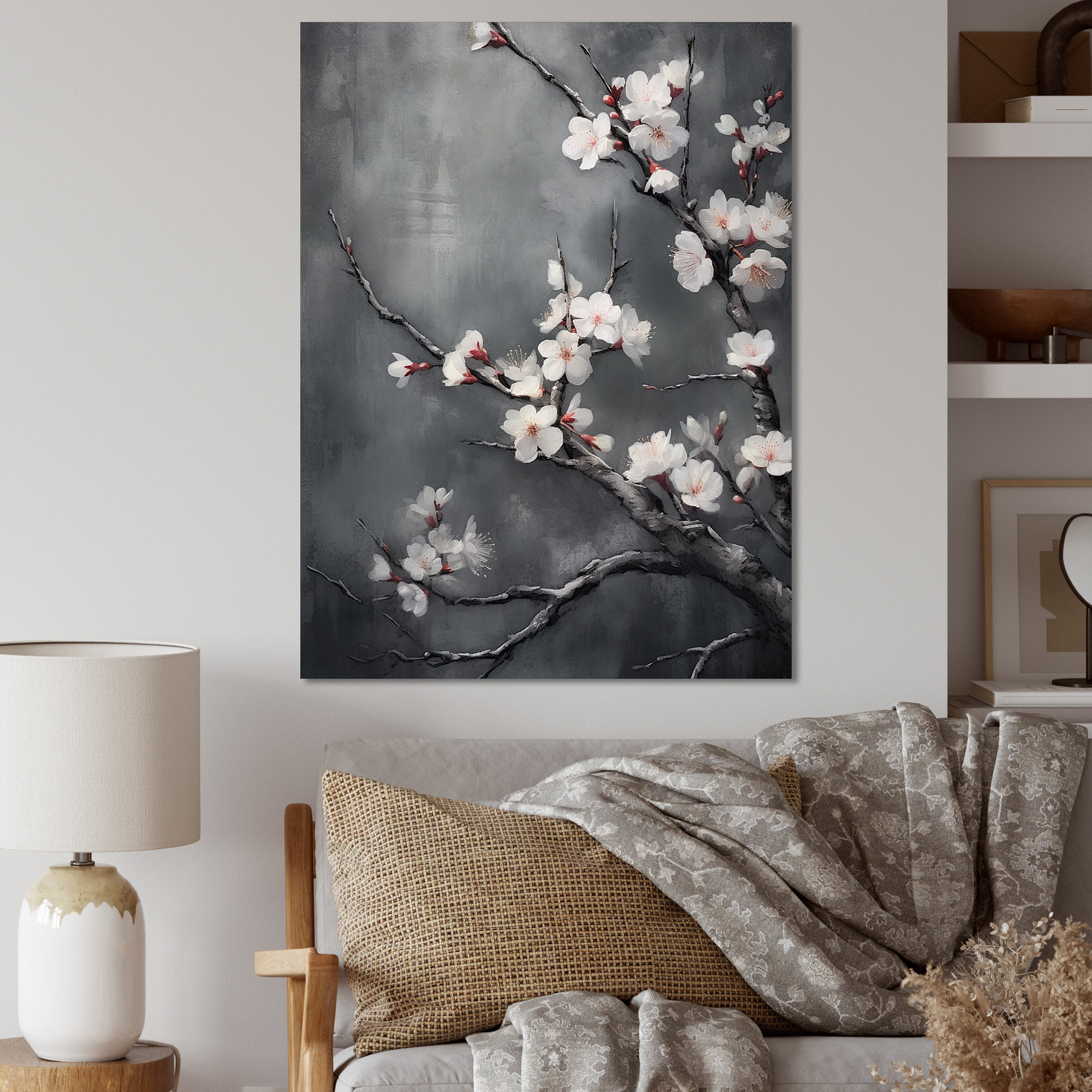 Design Art Cherry Blossoms White On 20 Shades Of Grey - Cherry Blossom ...