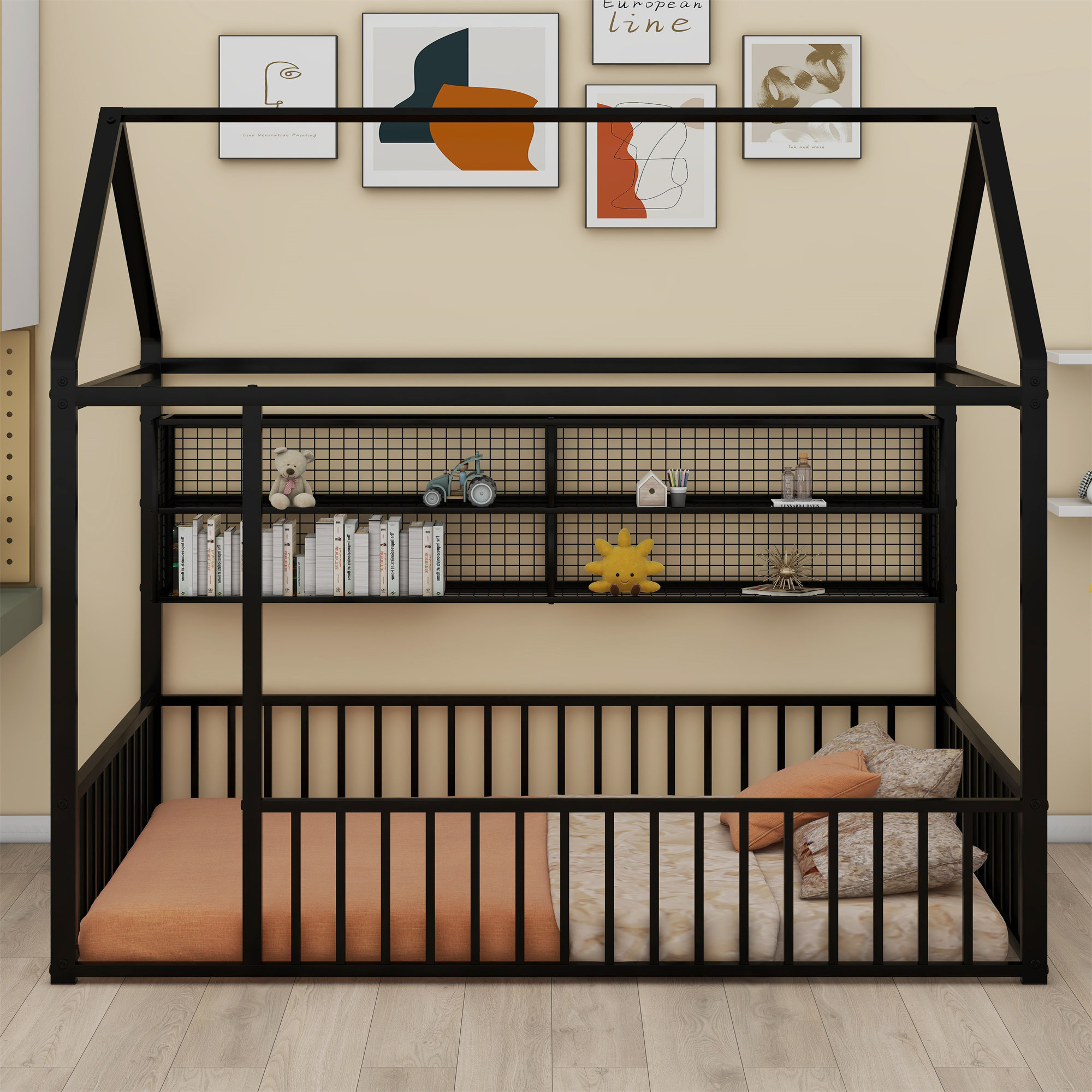 Harper Orchard Metal Bed House Bed Frame With Fence And Shelves | Wayfair