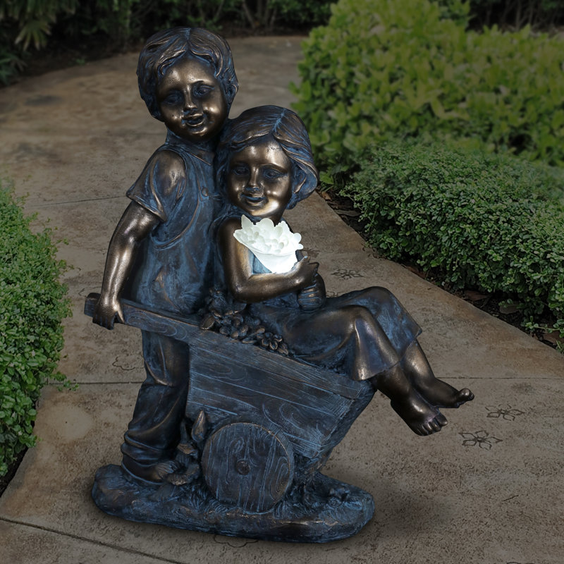 Exhart Solar Boy and Girl in Wheelbarrow Garden Statue, 10 by 13 Inches ...