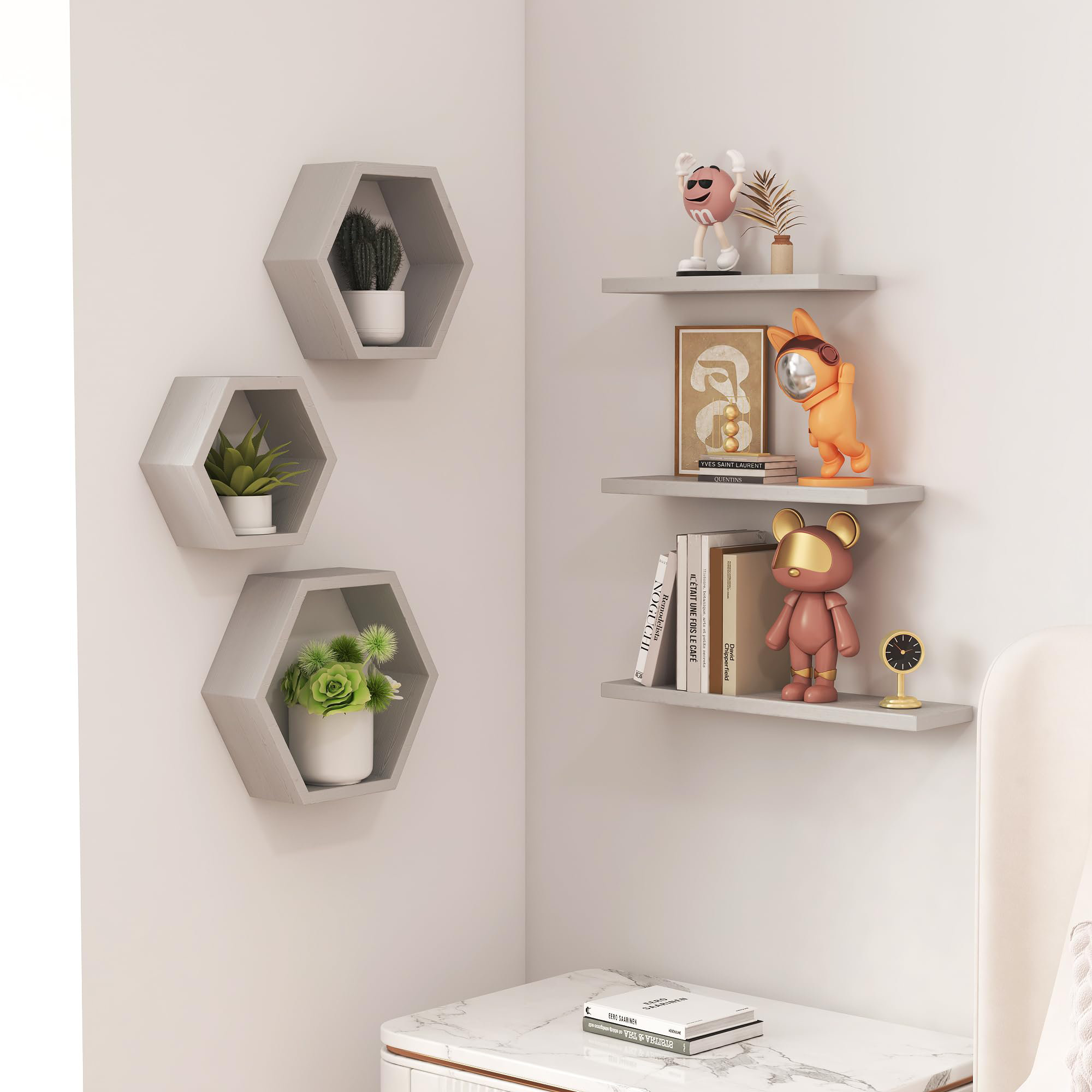 Corrigan Studio® Wooden Hexagon Floating Shelves Wall Mounted - Set of ...
