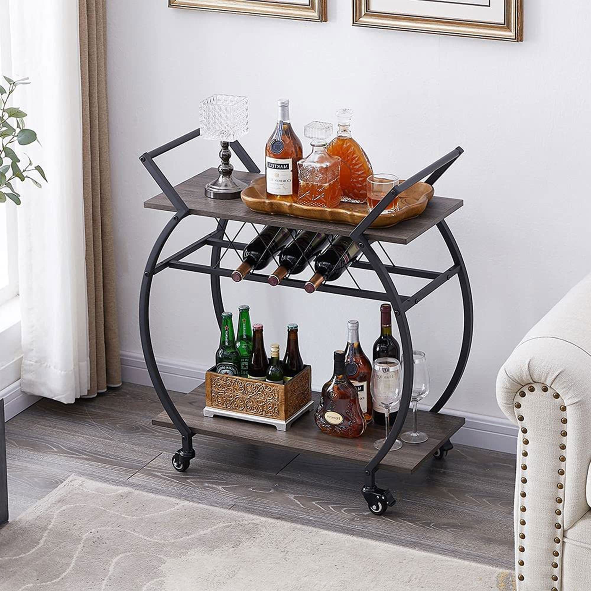 17 Stories Farmhouse Bar Cart, Rustic Wood And Metal Rolling Cart With ...