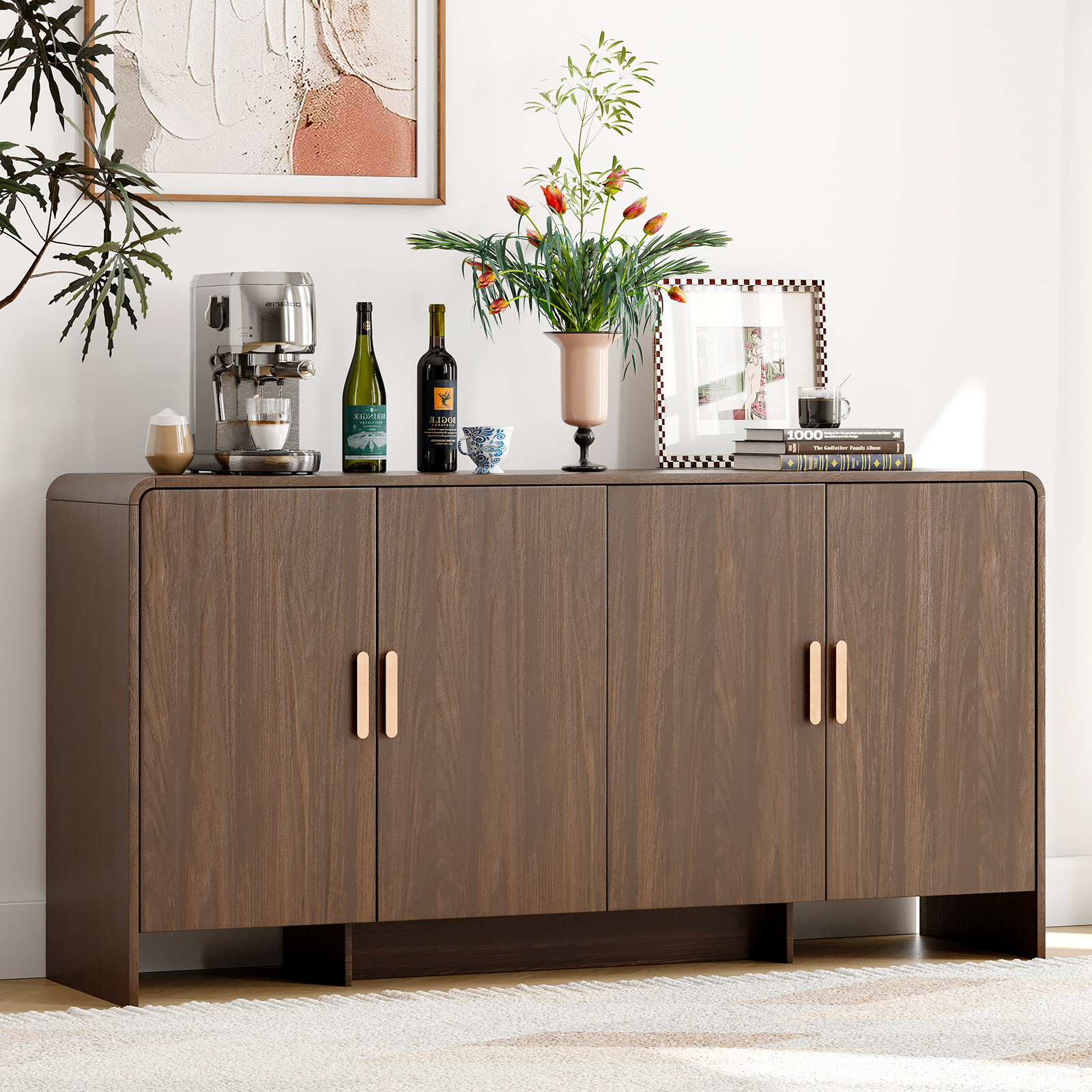 Ebern Designs 60” Sideboard Curved Cabinet With 4 Doors & Reviews | Wayfair
