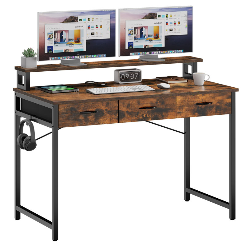 17 Stories Rectangle Computer Desk With Drawers & Monitor Stand, Metal ...