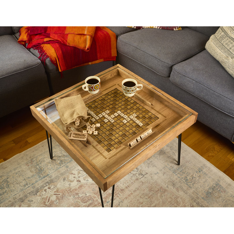 Latitude Run® Sharnetta Rustic Word Game Table with Removable Glass Top ...