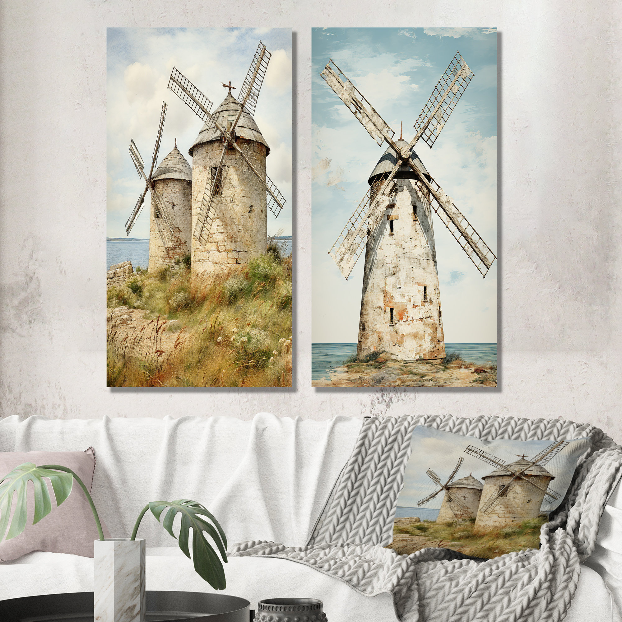 August Grove® Vintage Windmills At The Beach I - Wind Turbines Wall Art Prints Set Of 2 | Wayfair