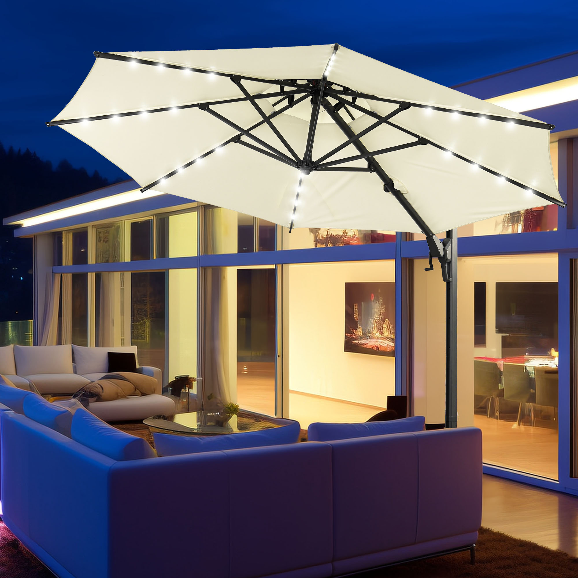 Arlmont & Co. 10FT Cantilever Patio Umbrella with Solar Lights Included ...