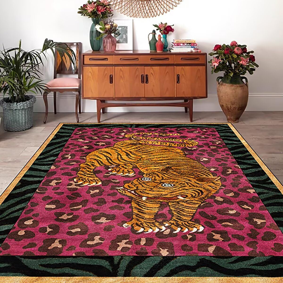 Bungalow Rose Pink Leopard Print Rug Boho Tiger Rug 4X6 Ft Animal Print ...