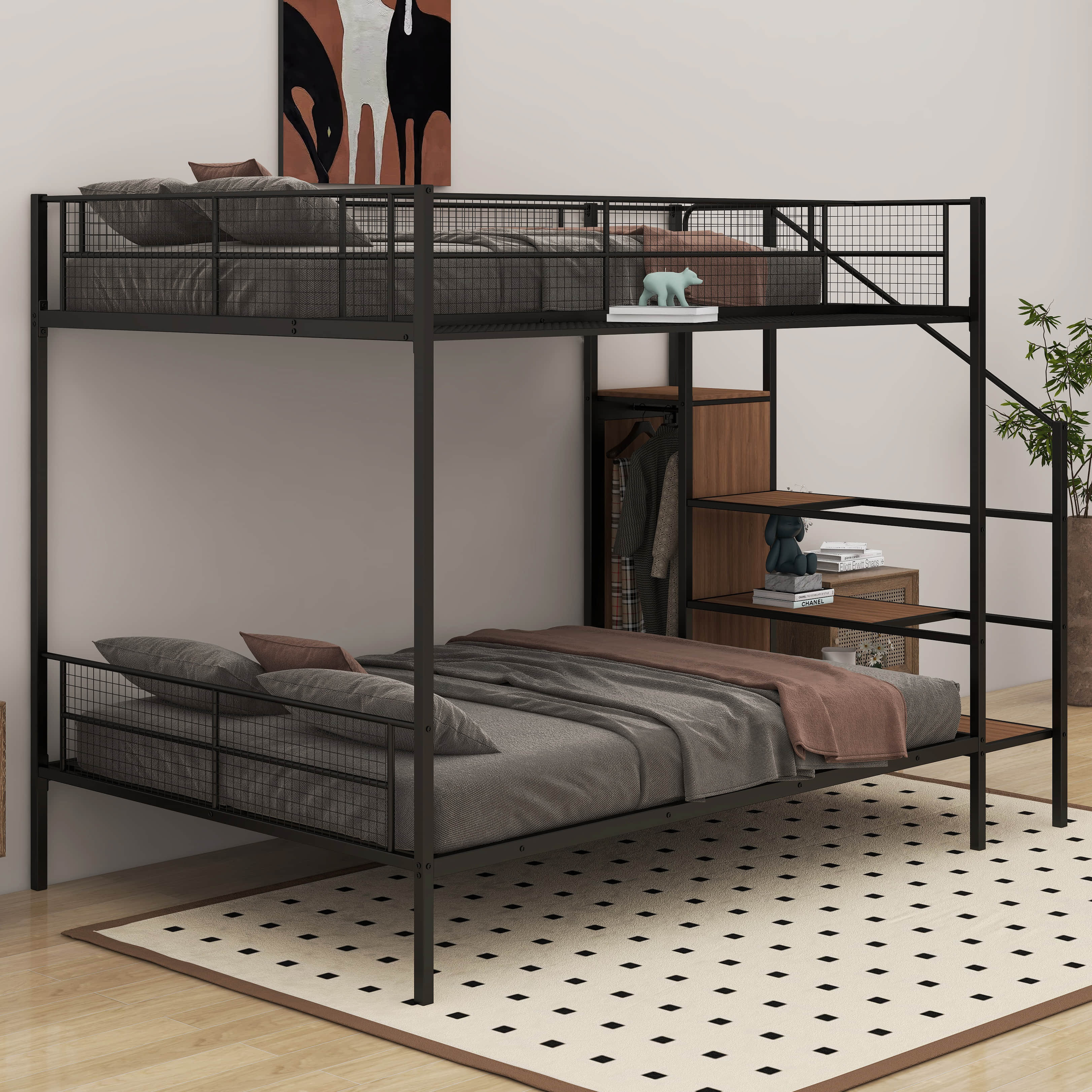 Mason & Marbles Arata Twin Over Full Metal Bunk Bed With Wire Shelving ...