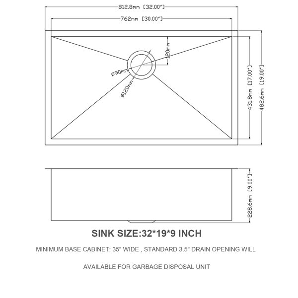 The Ai Furniture 32 Inch Undermount Sink - 32"X19"X9" Undermount ...