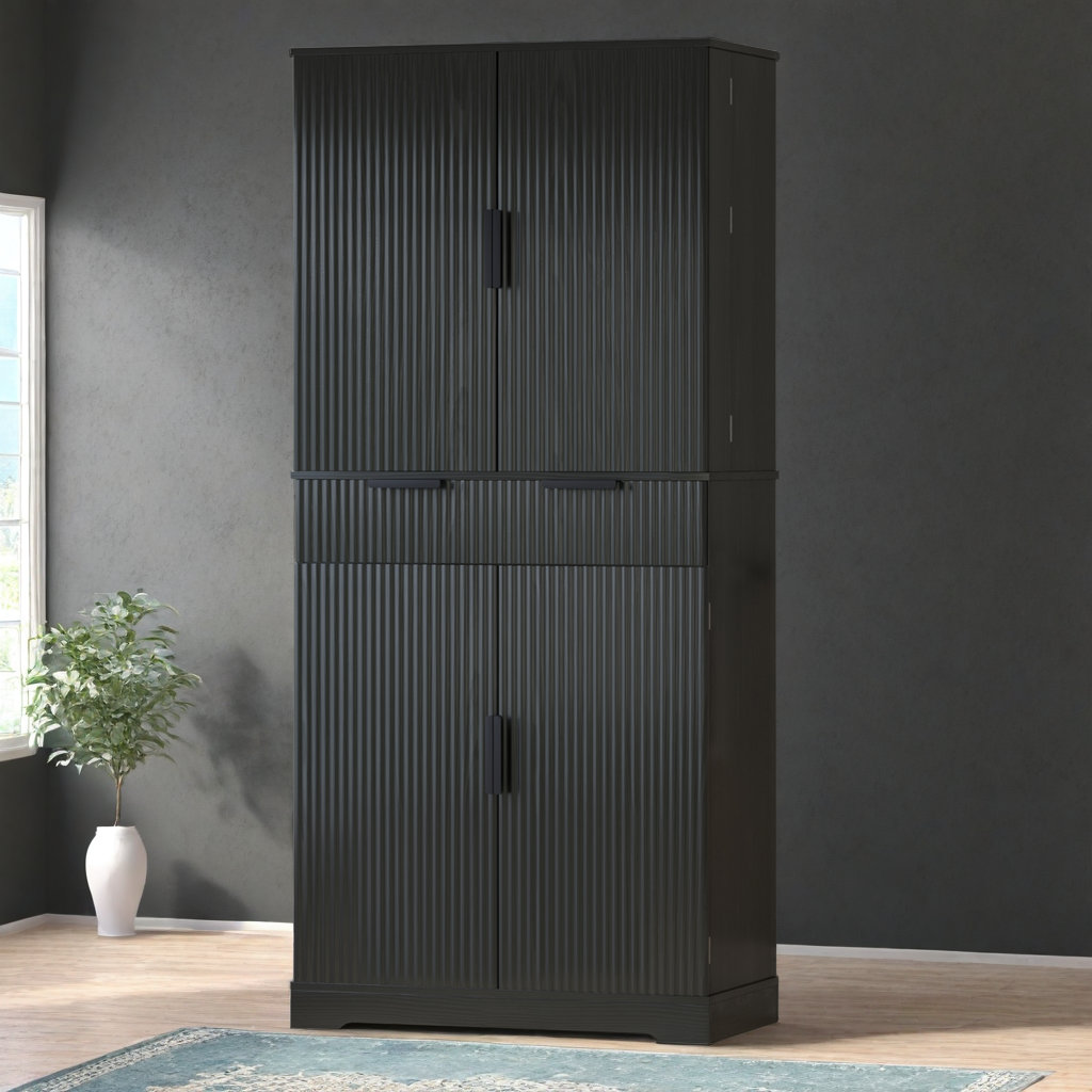 Ebern Designs 72" Fluted Pantry Cabinet – 3-Tier Keyboard Drawer ...