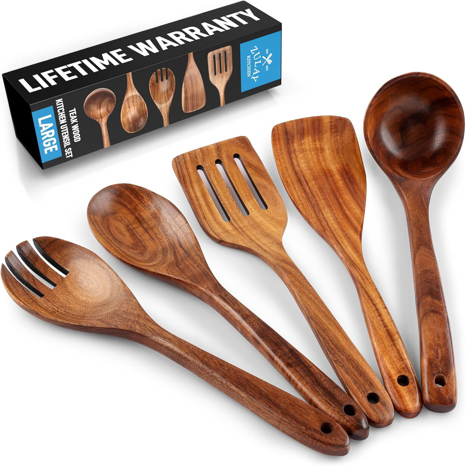 Zulay Kitchen Zulay 5-Piece Teak Wooden Utensils For Cooking, Smooth ...