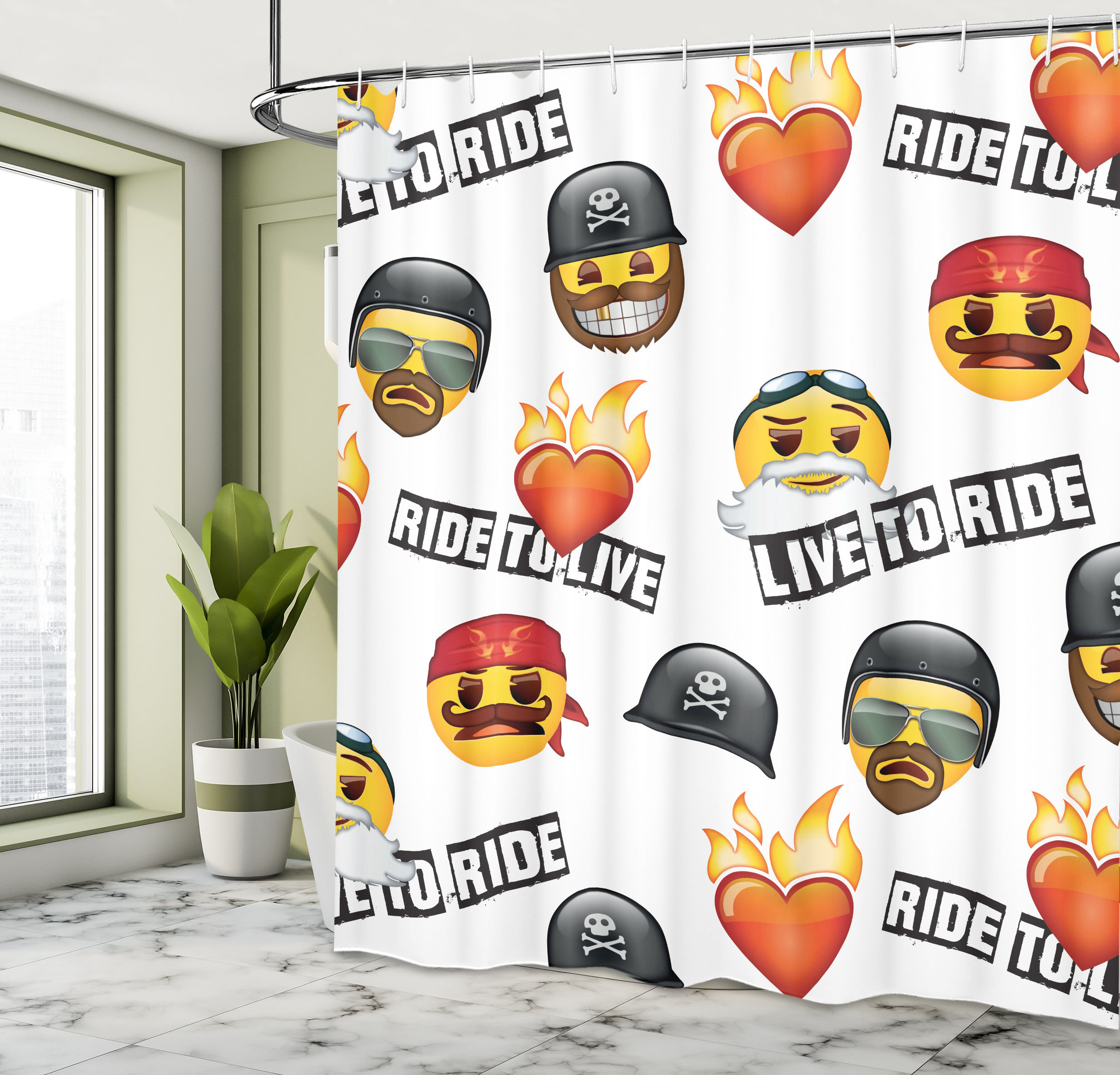 Ambesonne Rider Emoji Shower Curtain Route 68 Motorcycle Art White ...