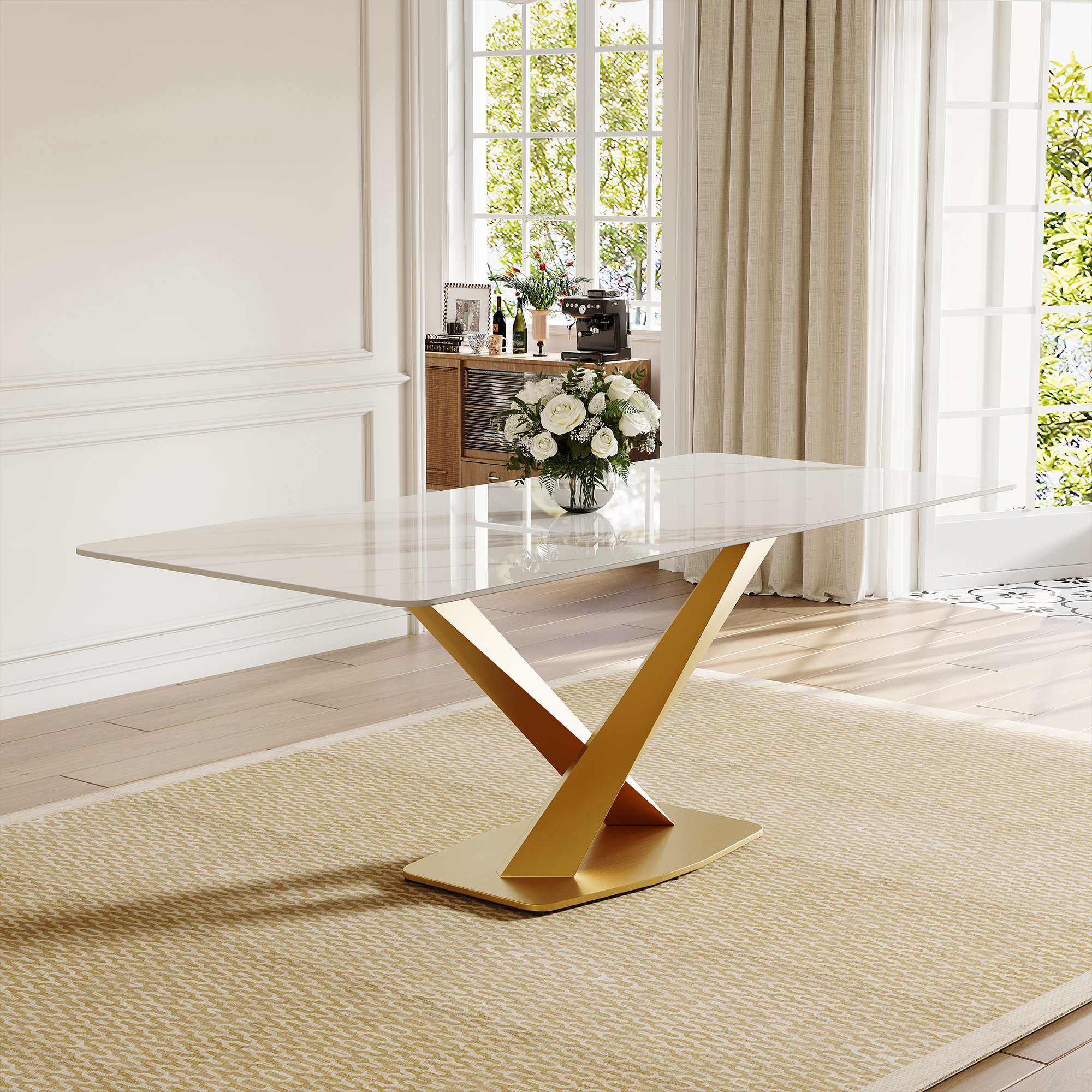 Mercer41 Lesle Rectangular Stone Top Dining Table with Gold X-Base ...