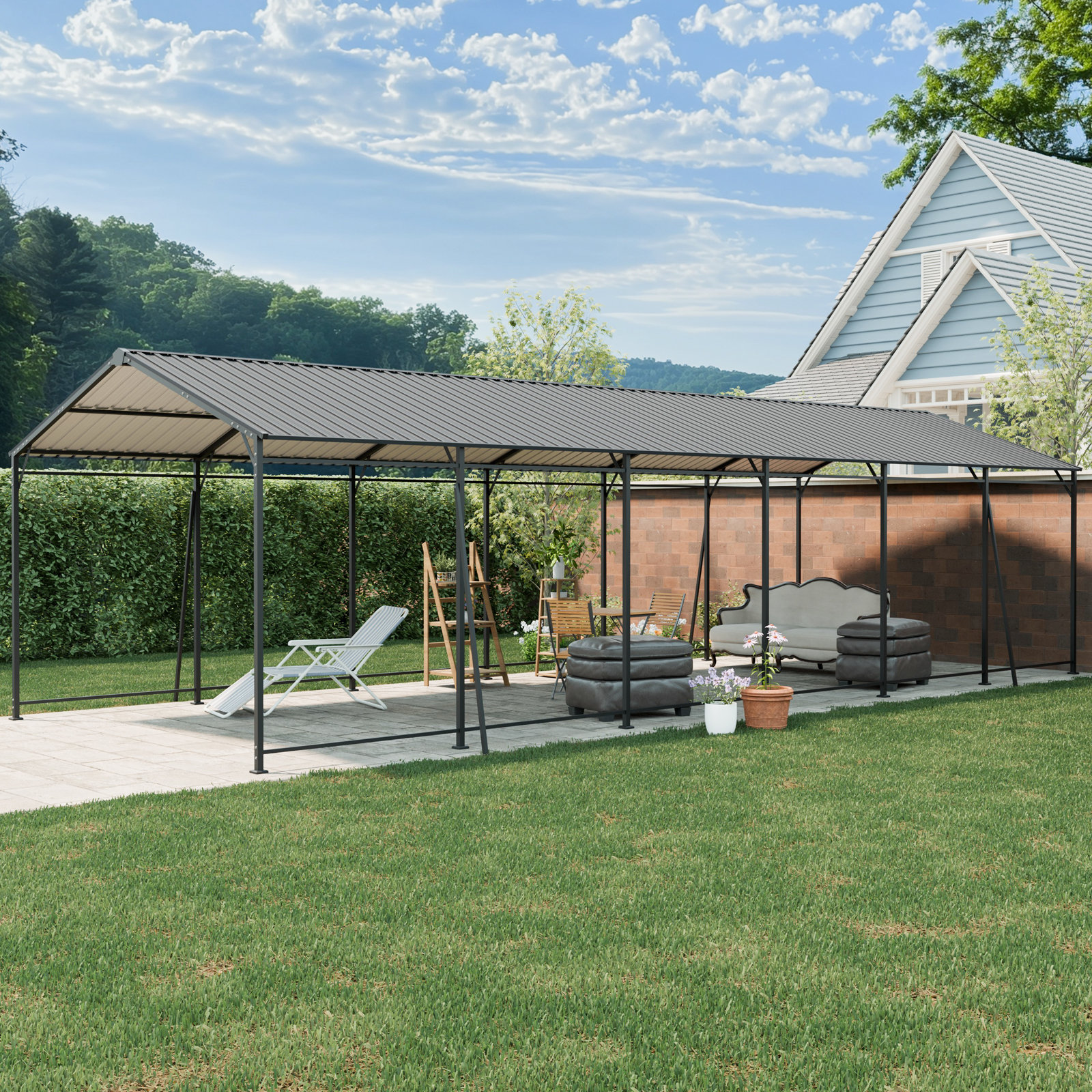 HOA.WWC 12x32 Metal Outdoor Carport Large Garage With 4 Fixed Inclined ...