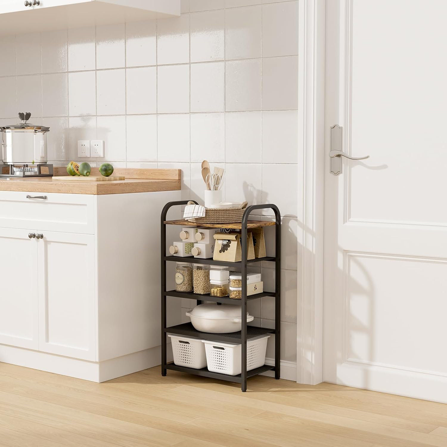 17 Stories 5-tier shoe rack with heavy-duty metal mesh, rustic wood top ...