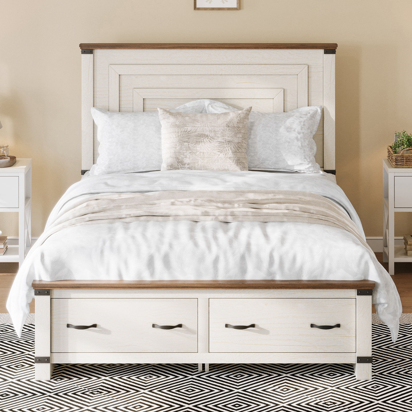 Gracie Oaks Farmhouse Wood Platform Bed Frame with 54" Tall Geometric ...