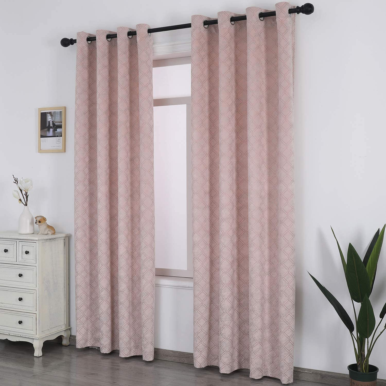 Everly Quinn Pink Velvet Geometric Pattern Room Darking Grommet Curtain ...