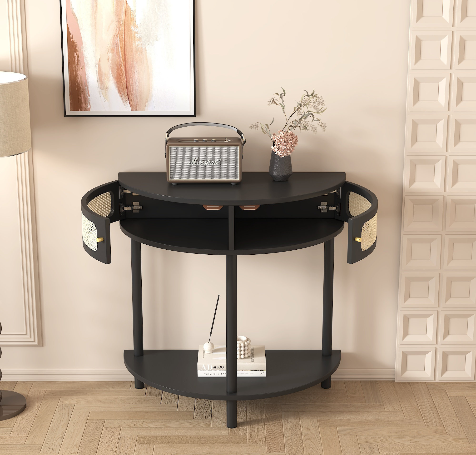 Bay Isle Home Unique Half Moon Design End Table with Rattan Door ...