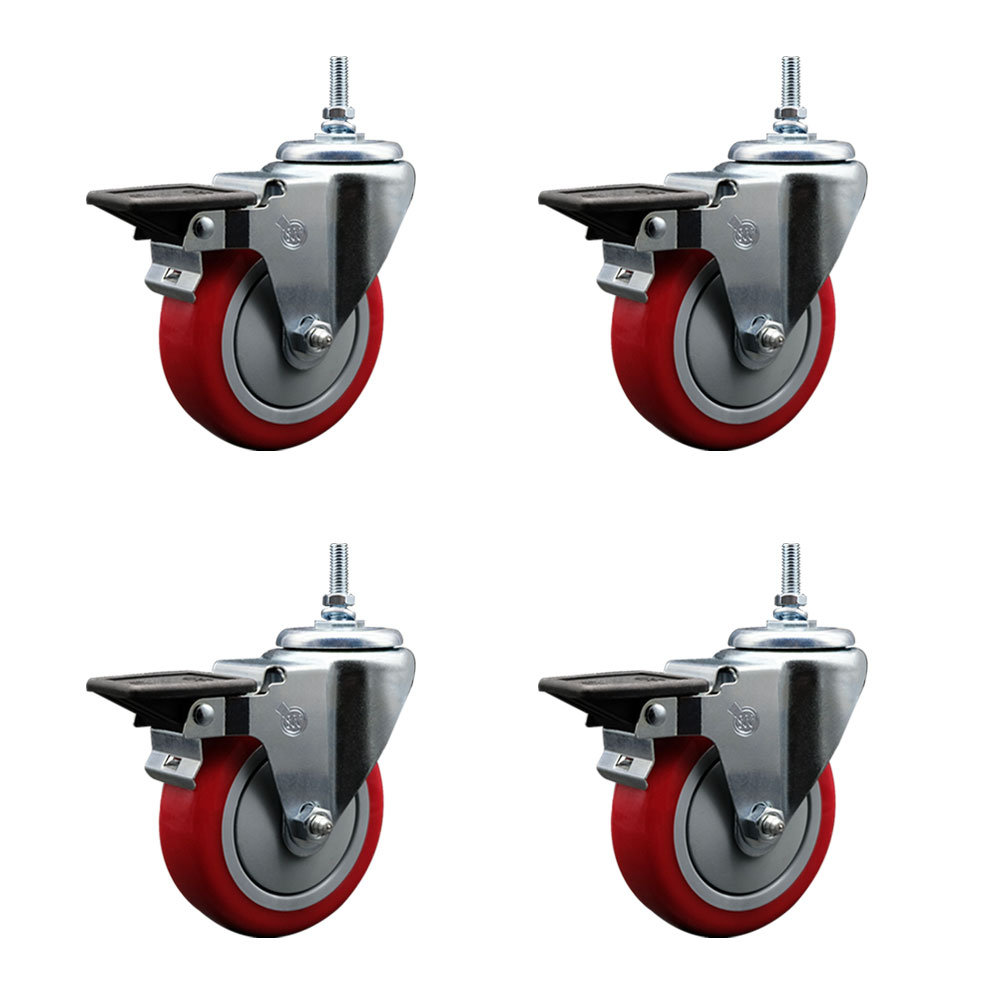 Service Caster Polyurethane 10MM Threaded Stem Caster Set with Brake ...