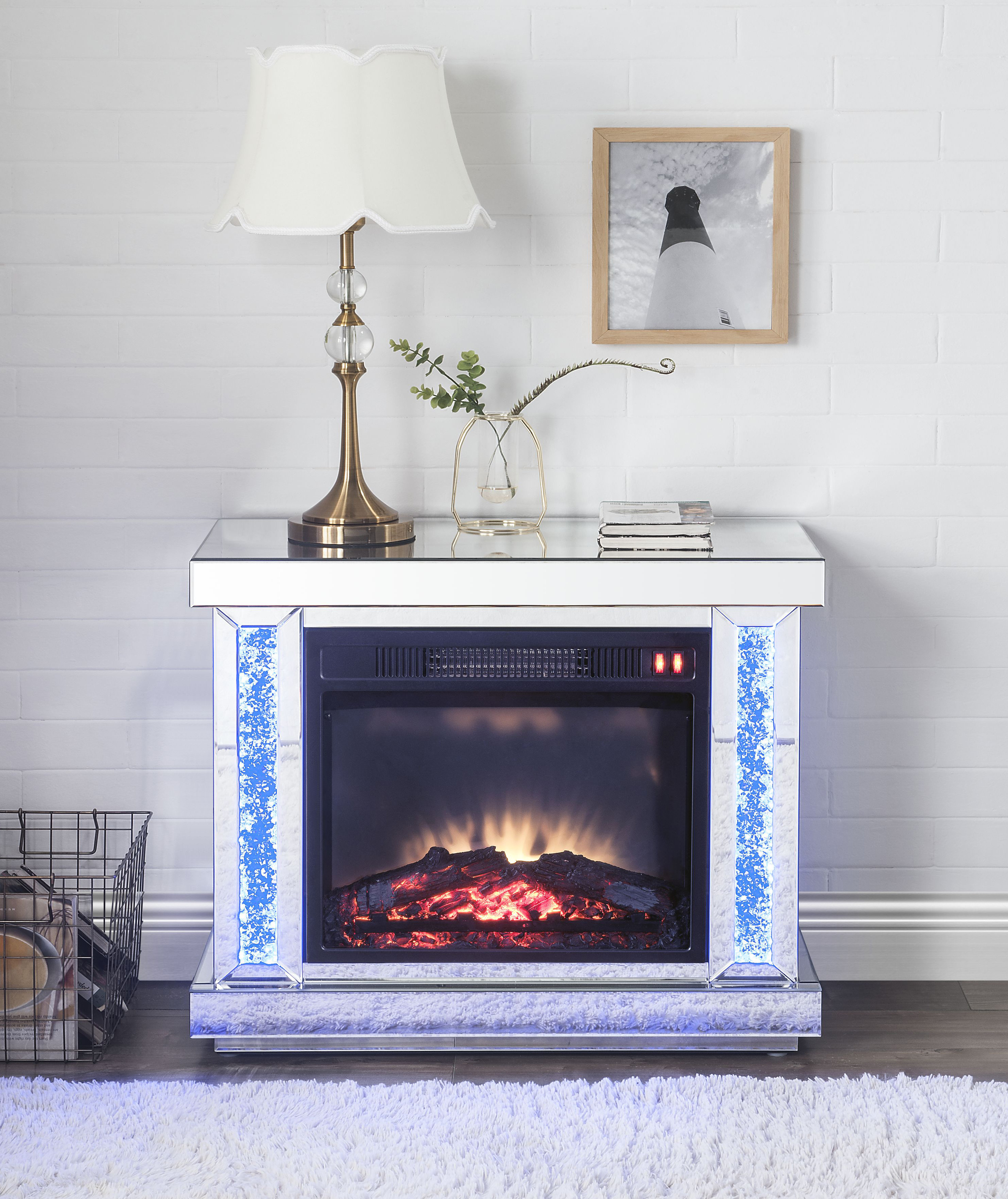Ivy Bronx Fireplace, LED, Mirrored & Faux Diamonds | Wayfair