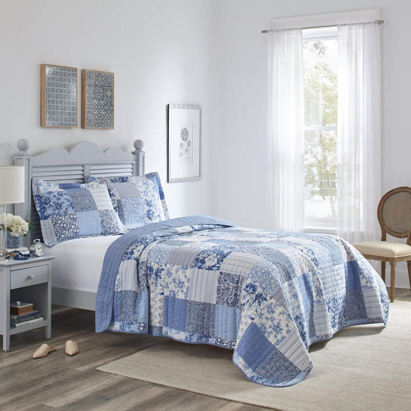 Laura Ashley Paisley Patchwork Cotton Reversible Blue Quilt Set ...