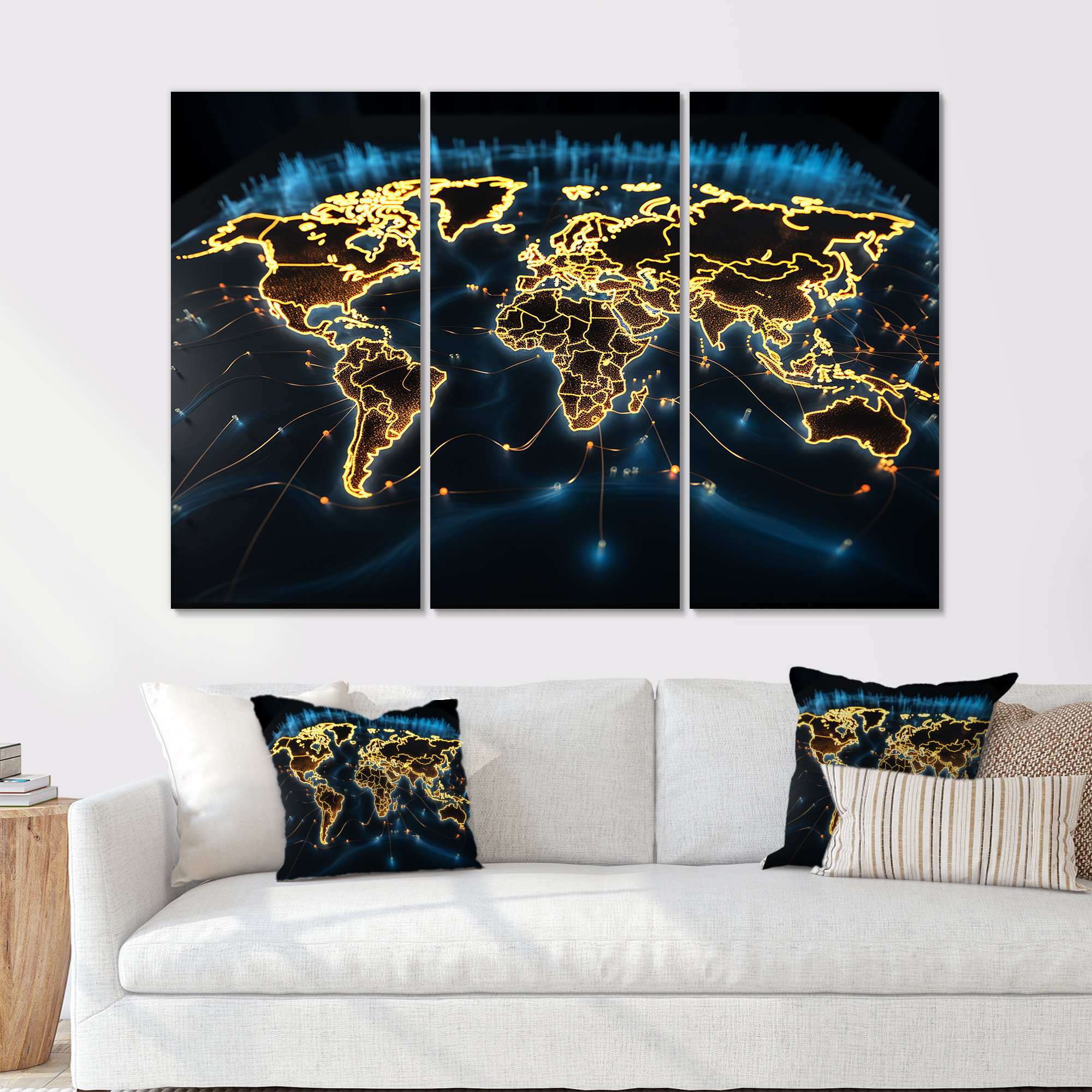 Design Art Golden Radiant Map Of The World - World Map Wall Art Living ...