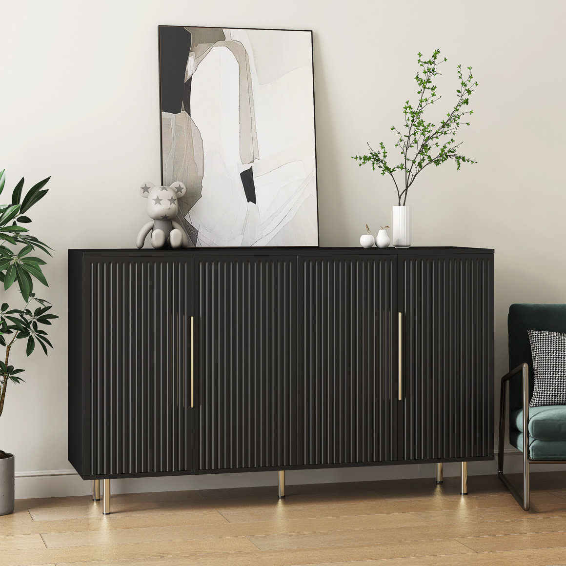 Ebern Designs Black Modern Buffet Cabinet With Storage, Fluted Sideboard Large Buffet With ...