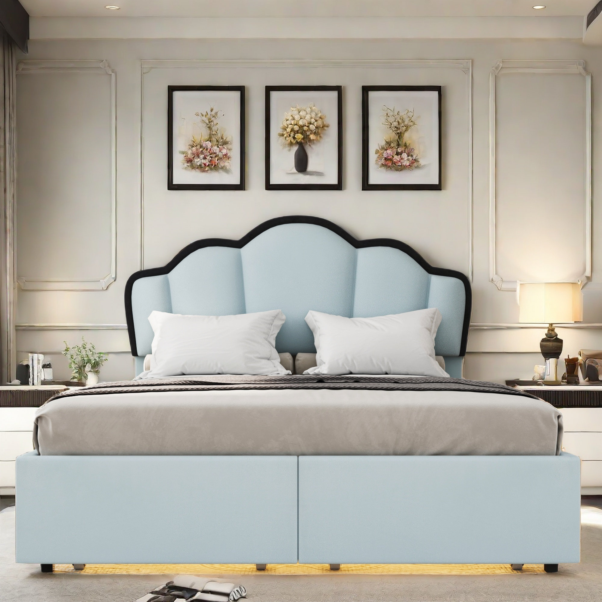 Velvetvanguards Upholstered Princess Platform Bed With Led, 2 Storage ...
