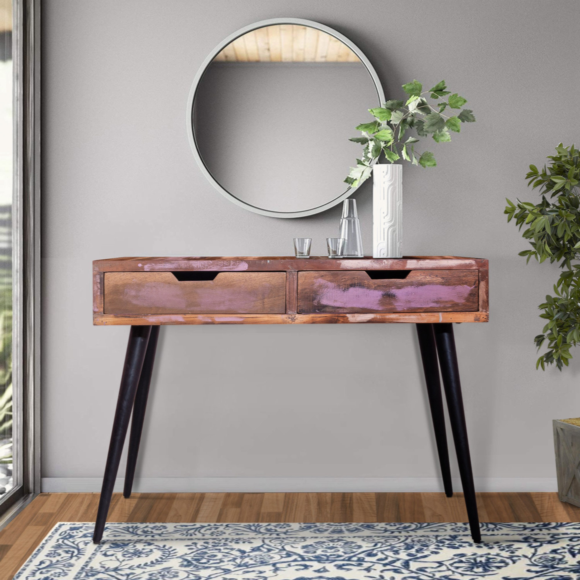 17 Stories 43 Inch 2 Drawer Reclaimed Wood Console Table, Angled Legs ...