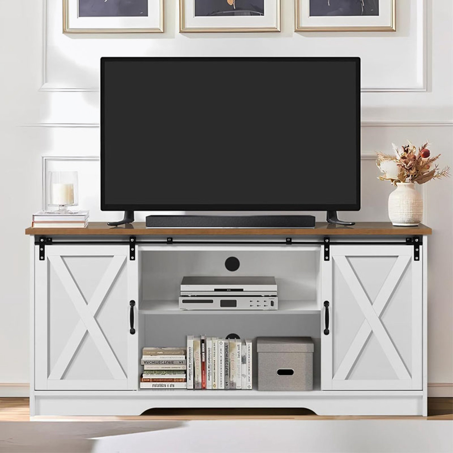 Gracie Oaks wooden frame TV Stand with sliding door and open storage ...
