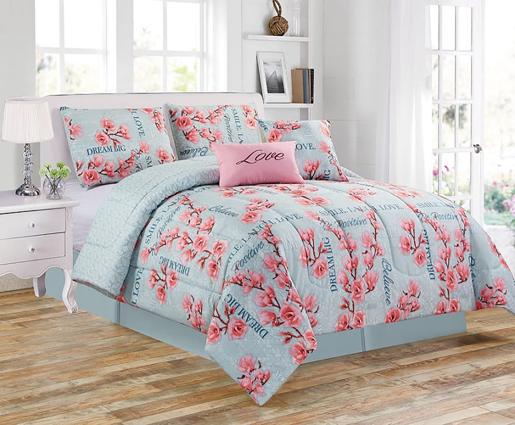 Home Mart Goods 5 Piece Comforter Set Soft Bedding Blue Pink Floral ...