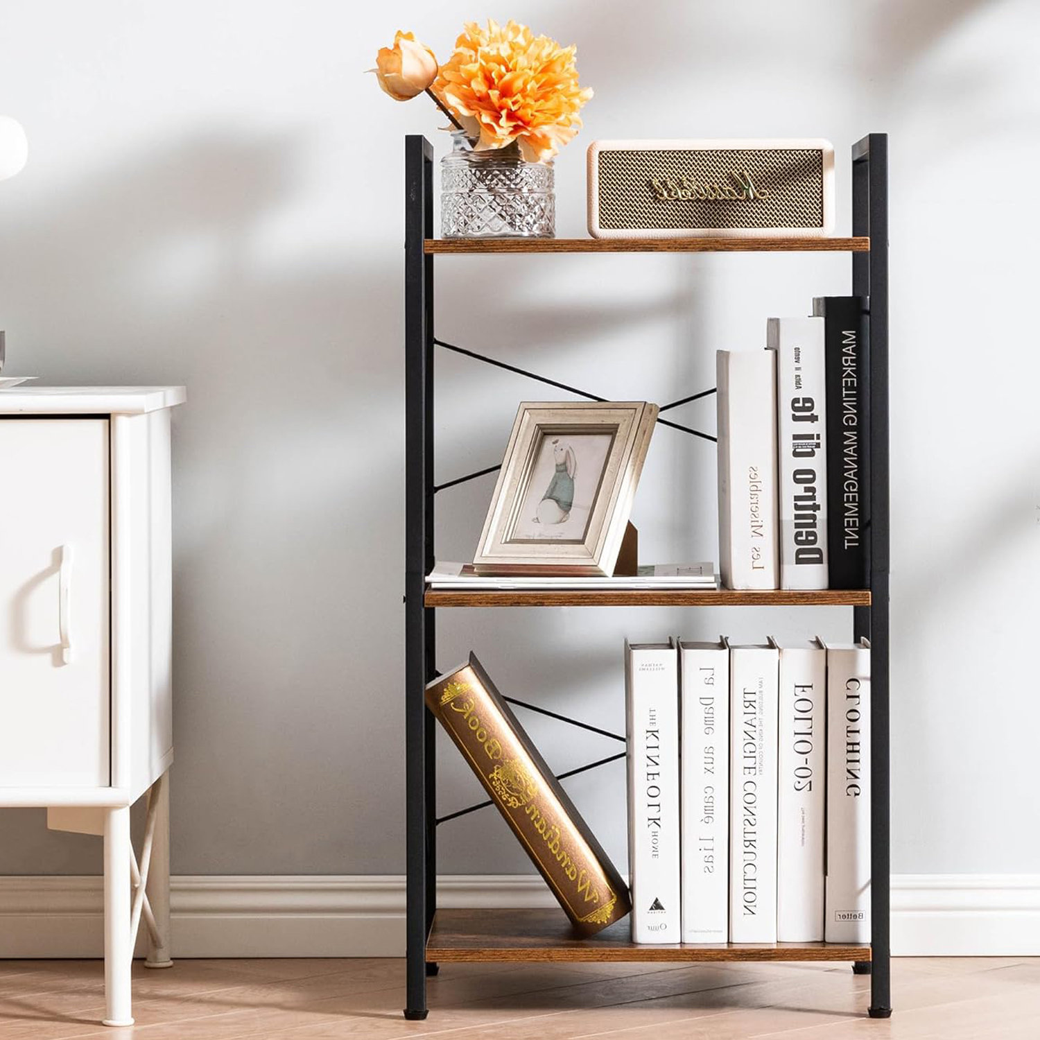 17 Stories Small Bookshelf, Adjustable 3-Tier Industrial Bookcase ...