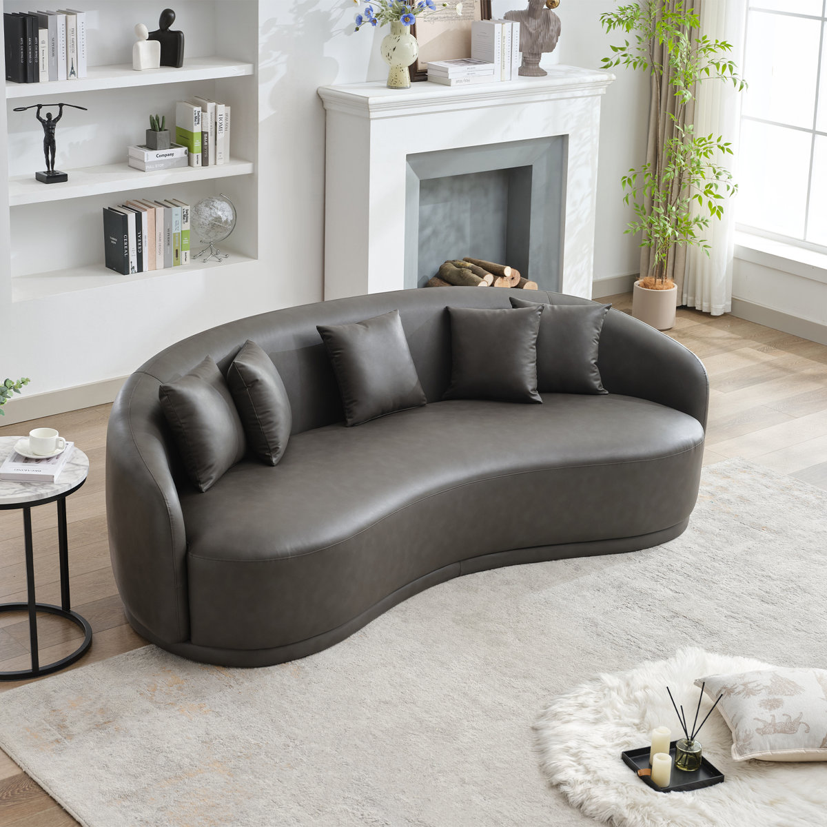 Orren Ellis 91'' Faux Leather Gray Curved Sofa & Reviews | Wayfair