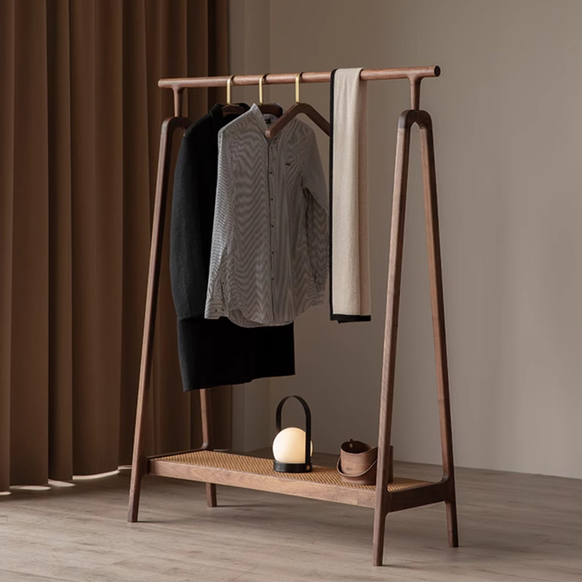 Brass Foam Minimalism Walnut Solid Wood Faux Rattan Clothes Rack | Wayfair